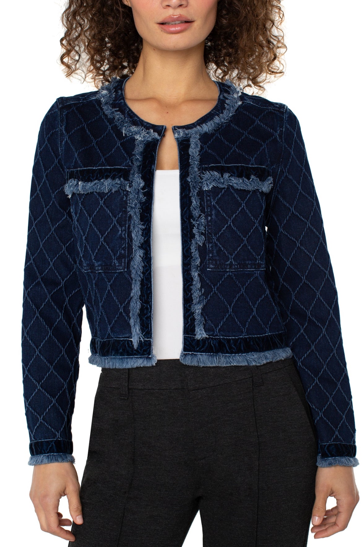 Liverpool fray edge jacket w/ velvet trim Navy – Just You And Me Boutique